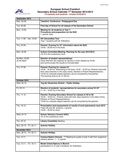 European School Frankfurt Secondary School Calendar 1st ...