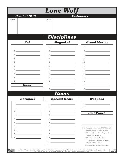 Lone Wolf Action Chart and Combat Reference - ESG Labs