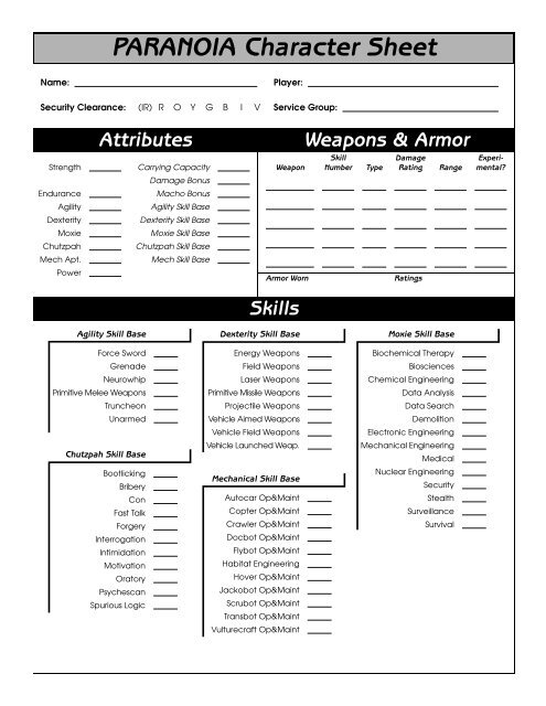 PARANOIA Character Sheet - ESG Labs