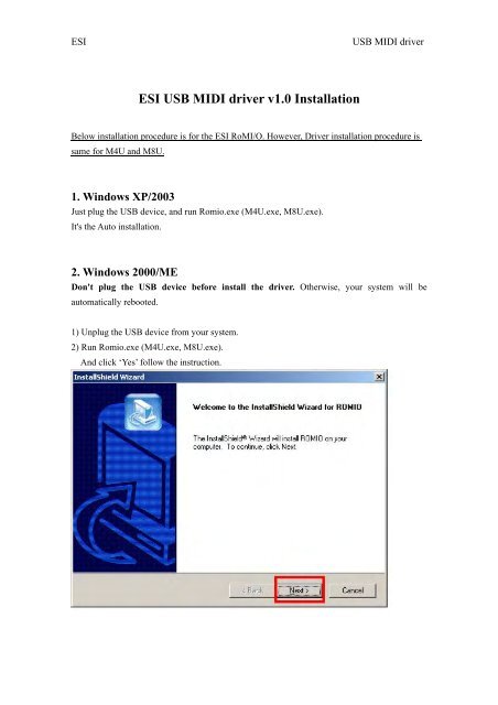 ESI USB MIDI driver v1.0 Installation
