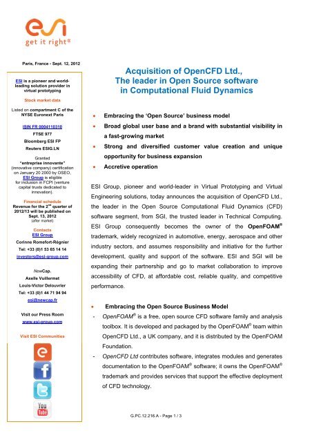 Acquisition of OpenCFD Ltd., The leader in Open ... - ESI Group