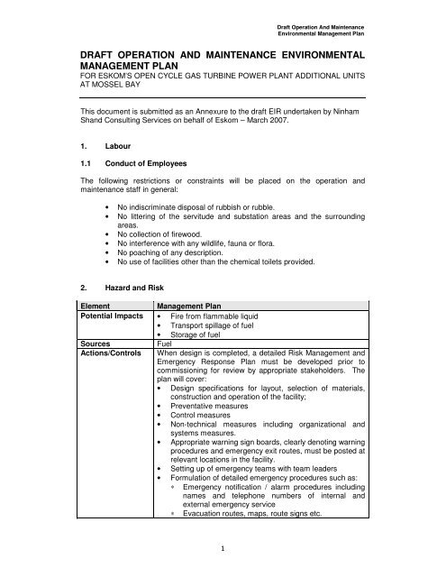 draft operation and maintenance environmental ... - Eskom