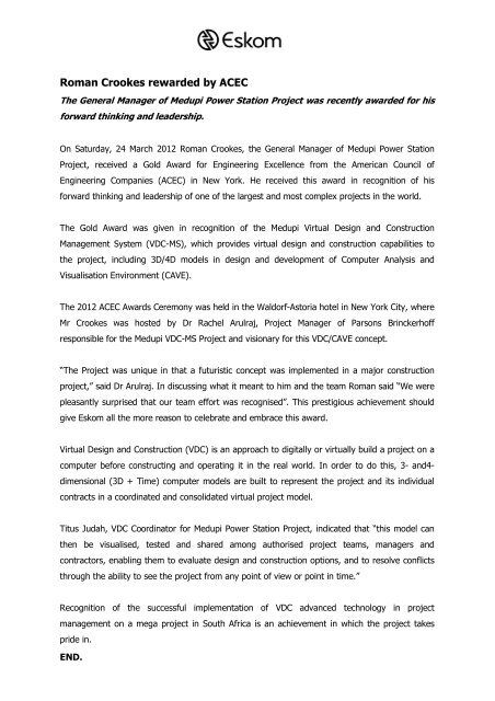 Roman Crookes rewarded by ACEC - Eskom