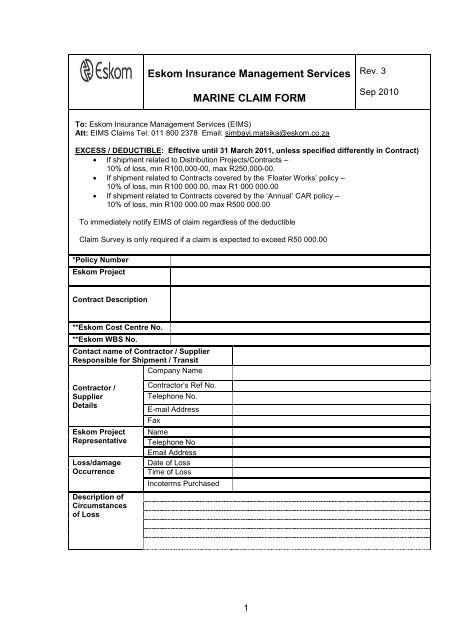 Marine claim form - Eskom