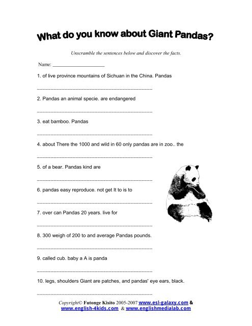 Panda sentence scramble - ESL Galaxy