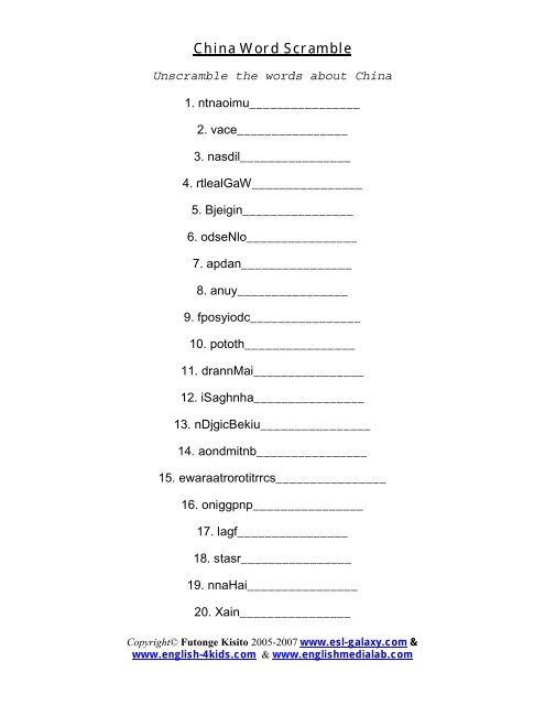 China word scramble exercise - ESL Galaxy