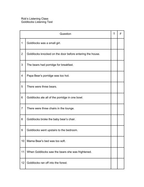 Goldilocks Listening Worksheet - eslwriting.org