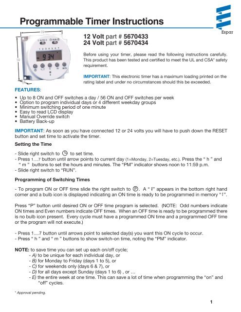 Programmable Timer Instructions - Espar