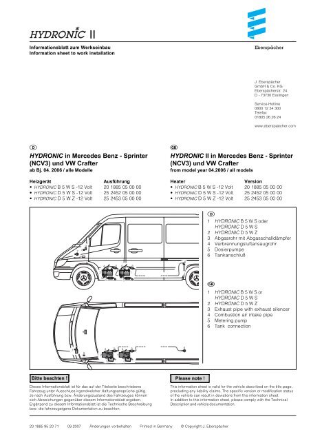 HYDRONIC in Mercedes Benz - Sprinter (NCV3) und VW Crafter ...