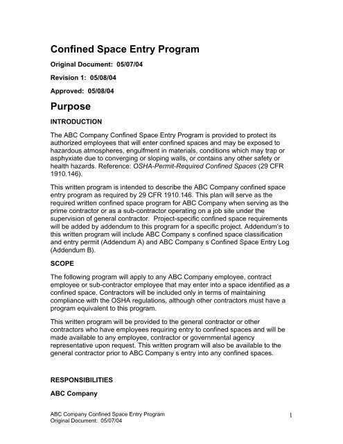 Confined Space Entry Program Purpose - Essential Safety