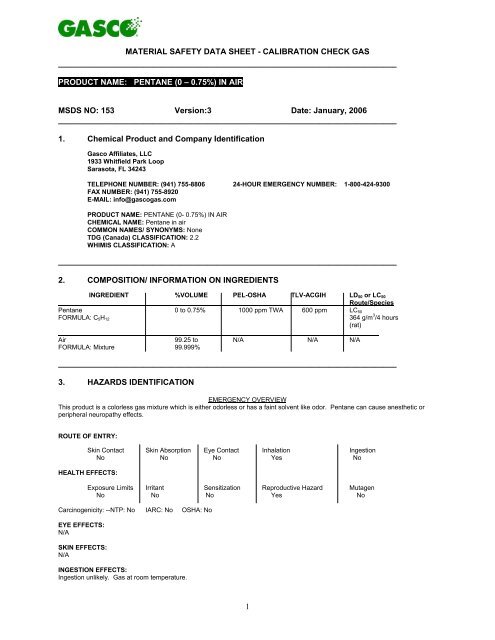 Pentane (0 - 0.75%) in air - Essential Safety