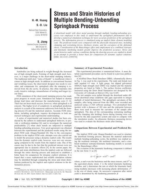 Stress and Strain Histories of Multiple Bending-Unbending ...