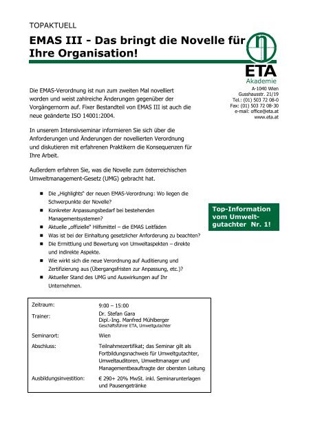 EMAS III Seminar - ETA Umweltmanagement GmbH