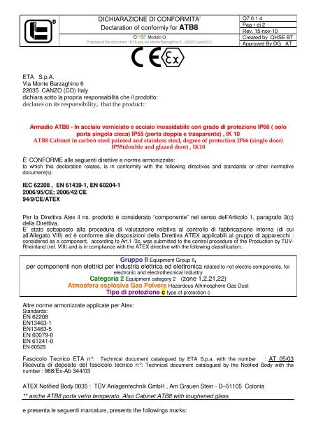 DICHIARAZIONE DI CONFORMITA' Declaration of conformiy ... - ETA