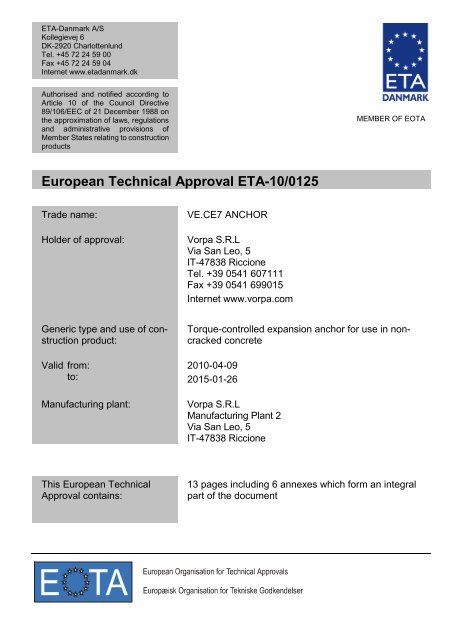 European Technical Approval ETA-10/0125 - ETA-Danmark