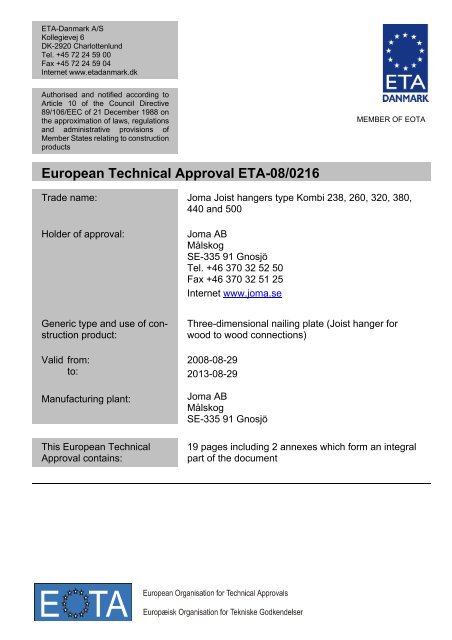 European Technical Approval ETA-08/0216 - ETA-Danmark