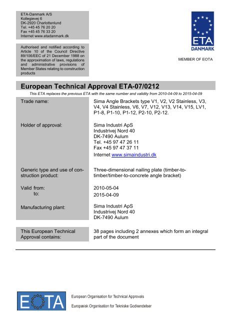 European Technical Approval ETA-07/0212 - ETA-Danmark