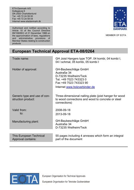 European Technical Approval ETA-08/0264 - ETA-Danmark
