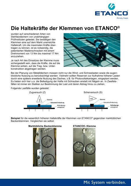 Charakterische Werte von Stehfalzklemmen - Etasol-solar-zubehoer ...