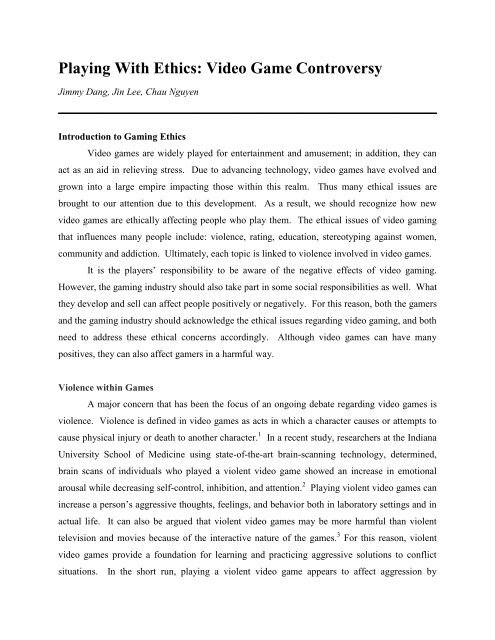 Playing With Ethics: Video Game Controversy - Ethicapublishing.com