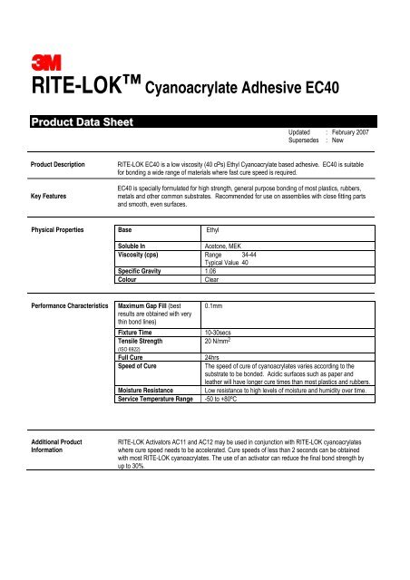 RITE-LOK™Cyanoacrylate Adhesive EC40 Product Data Sheet - Etilux
