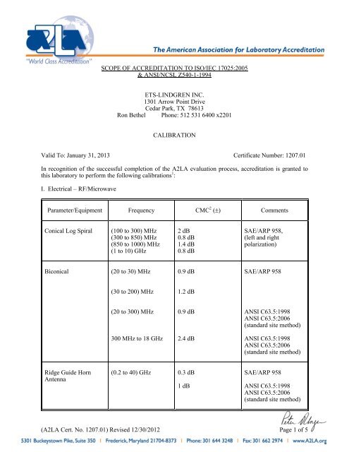 (A2LA Cert. No. 1207.01) Revised 12/30/2012 Page ... - ETS-Lindgren