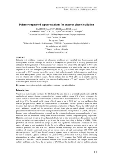 Polymer supported copper catalysts for aqueous phenol oxidation