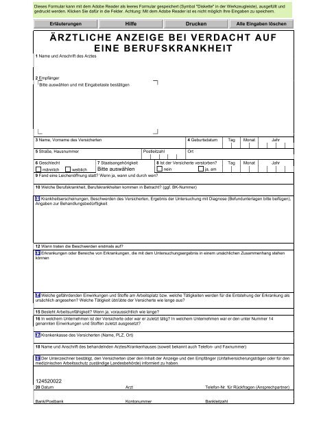 Ärztliche Anzeige bei Verdacht auf eine Berufskrankheit