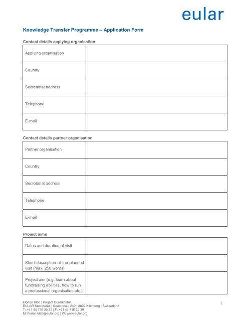 Knowledge Transfer Programme – Application Form - EULAR