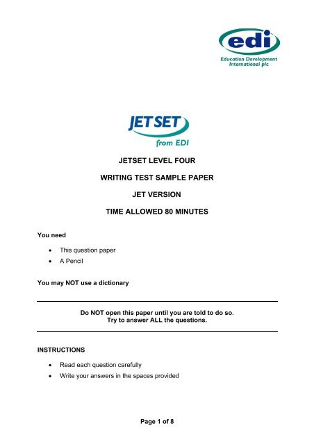 JETSET LEVEL FOUR WRITING TEST SAMPLE PAPER JET VERSION TIME ALLOWED 80 ...
