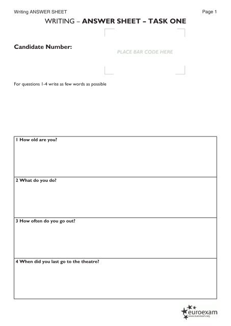 WRITING – ANSWER SHEET – TASK ONE - Euroexam
