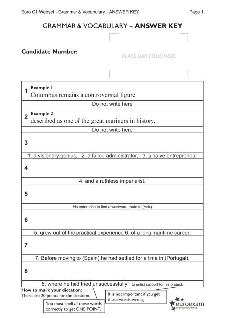 GRAMMAR & VOCABULARY – ANSWER KEY - Euroexam
