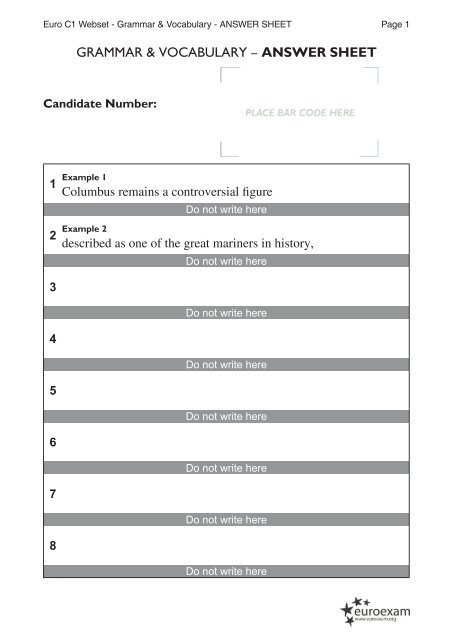 GRAMMAR & VOCABULARY – ANSWER SHEET - Euroexam