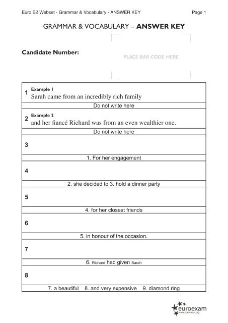 GRAMMAR & VOCABULARY – ANSWER KEY - Euroexam
