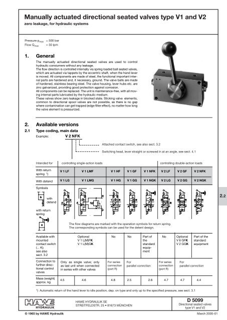 Manually actuated directional seated valves type V1 and V2 - Eurofluid