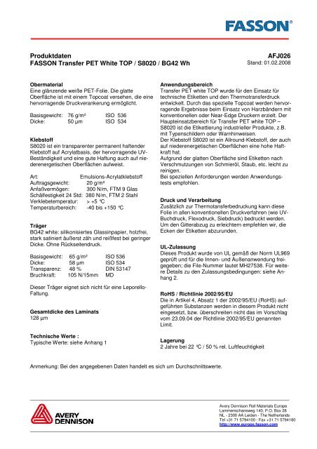 Produktdaten FASSON Transfer PET White TOP ... - Fasson Europe