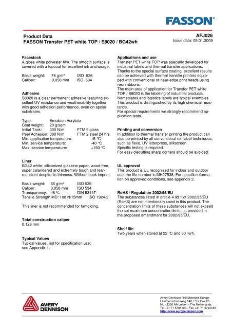 Product Data FASSON Transfer PET white TOP / S8020 / BG42wh ...