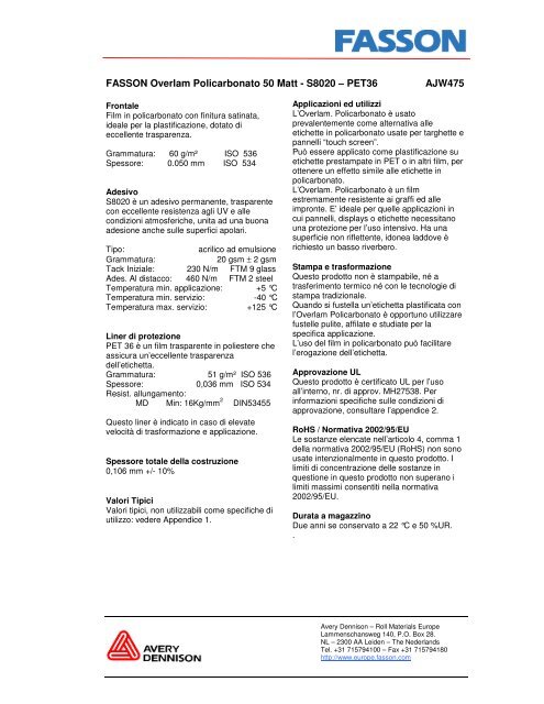 FASSON Overlam Policarbonato 50 Matt - S8020 ? PET36 AJW475