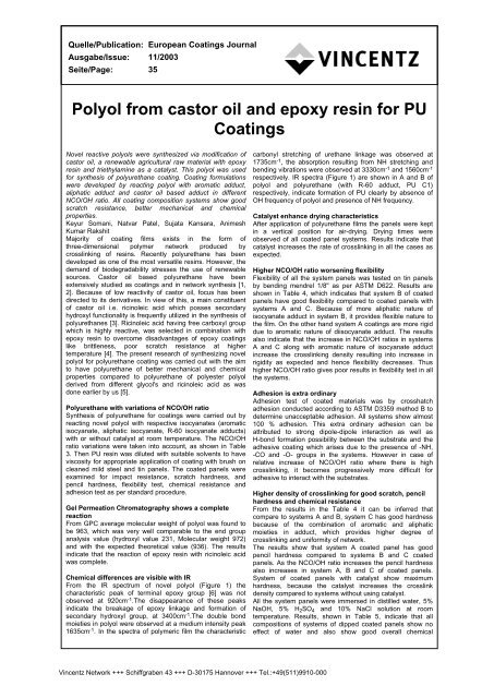 Polyol from castor oil and epoxy resin for PU Coatings - European ...