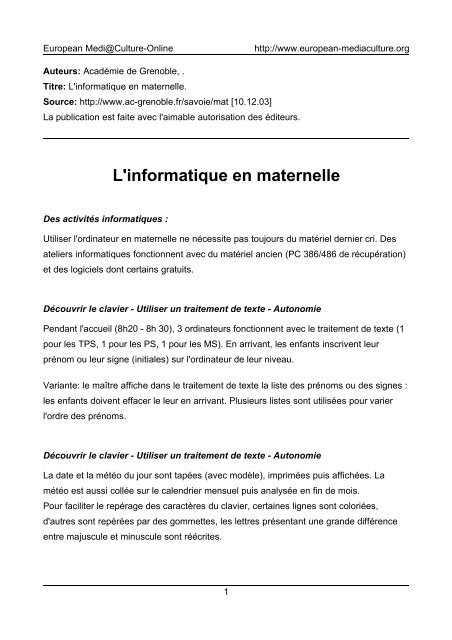L'informatique en maternelle - European MediaCulture