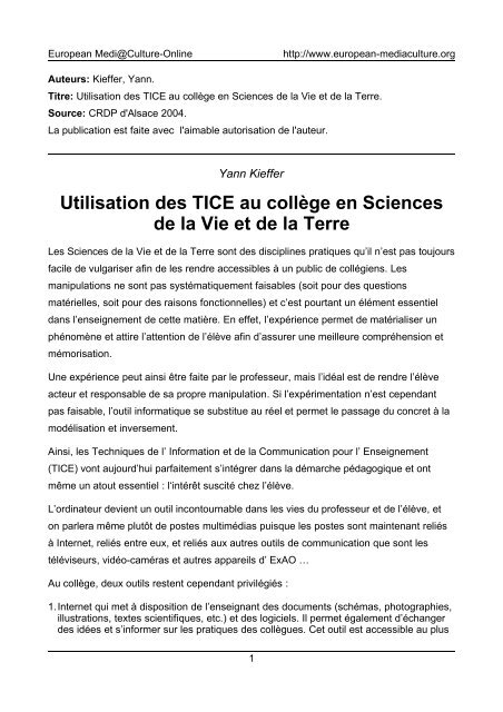 Utilisation des TICE au collège en Sciences de - European ...
