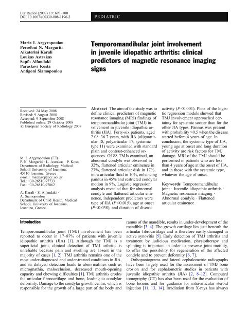 Temporomandibular joint involvement in juvenile idiopathic arthritis ...