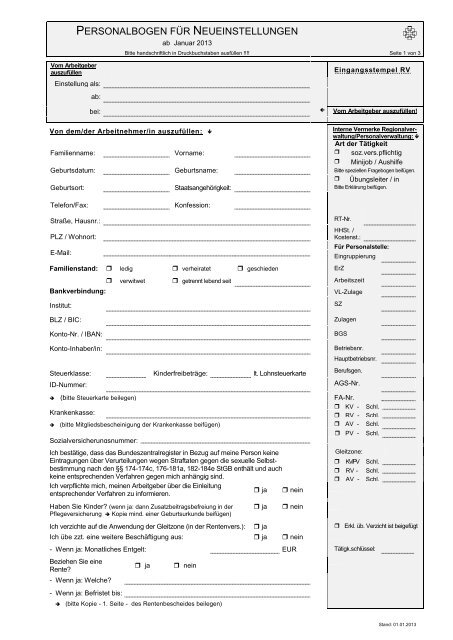Personalbogen für Neueinstellungen Kopiervorlage (Stand: 01/2013)