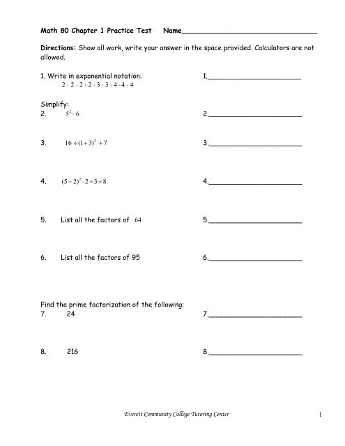 Math 80 Chapter 1 Practice Test ... - Everett Community College