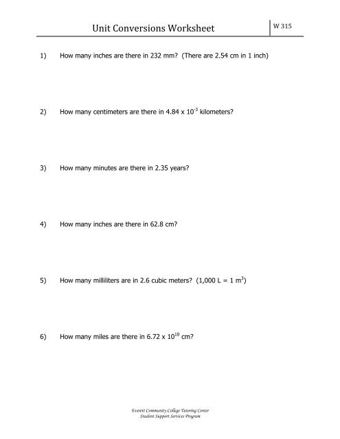 Unit Conversions Worksheet 2 - Everett Community College