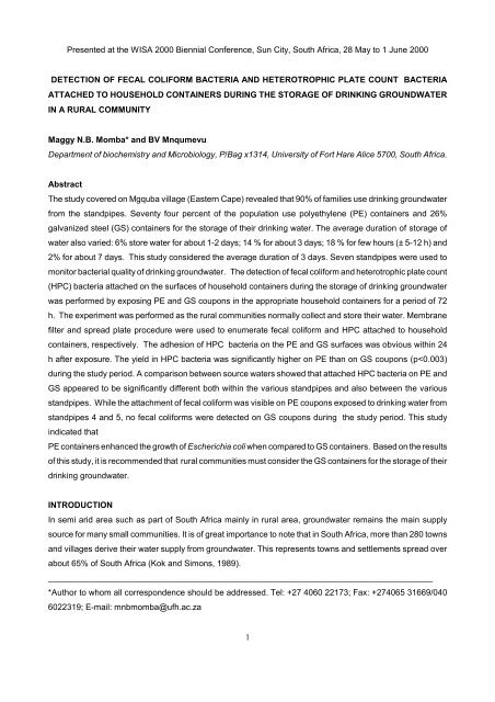 Detection of fecal coliform bacteria and heterotrophic plate - eWISA