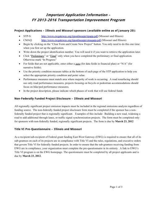 FY 2013-2016 TIP: Important Project Application Information - 01/20/12
