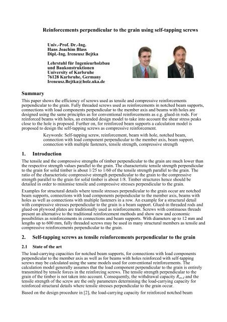 Reinforcements perpendicular to the grain using self-tapping screws ...