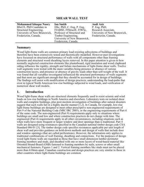 SHEAR WALL TEST Summary 1. Introduction - Engineered Wood ...