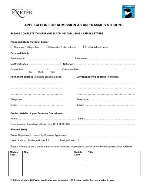 2013 Erasmus Application Form - University of Exeter